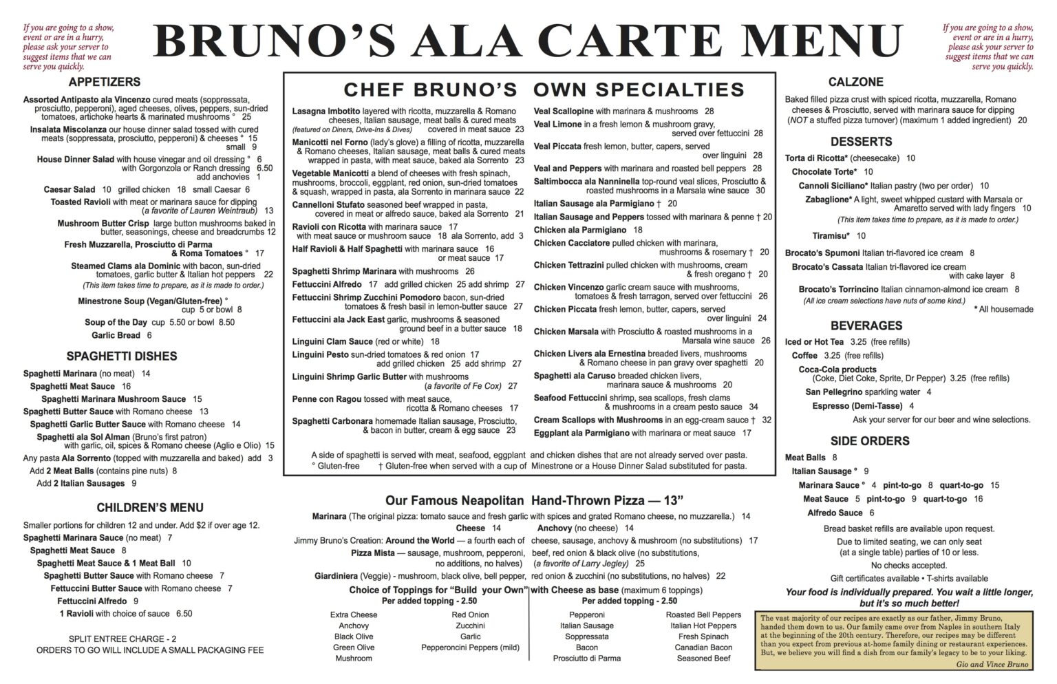 Menu - Bruno's Little Italy